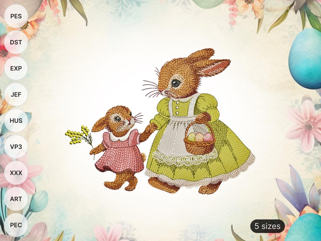 Vintage Easter Rabbit Mom and Baby Embroidery Design (digital Download ...