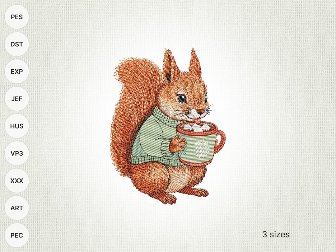 Squirrel Embroidery Design: Fall Animal With Cocoa (digital Embroidery ...