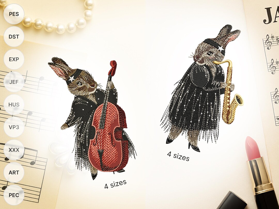 Bunny Jazz Band Embroidery Designs – Double Bass & Saxophone Rabbits ...
