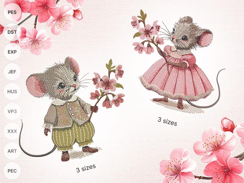 Vintage Easter Mouse Embroidery Design: Cherry Blossoms Bundle (digital ...