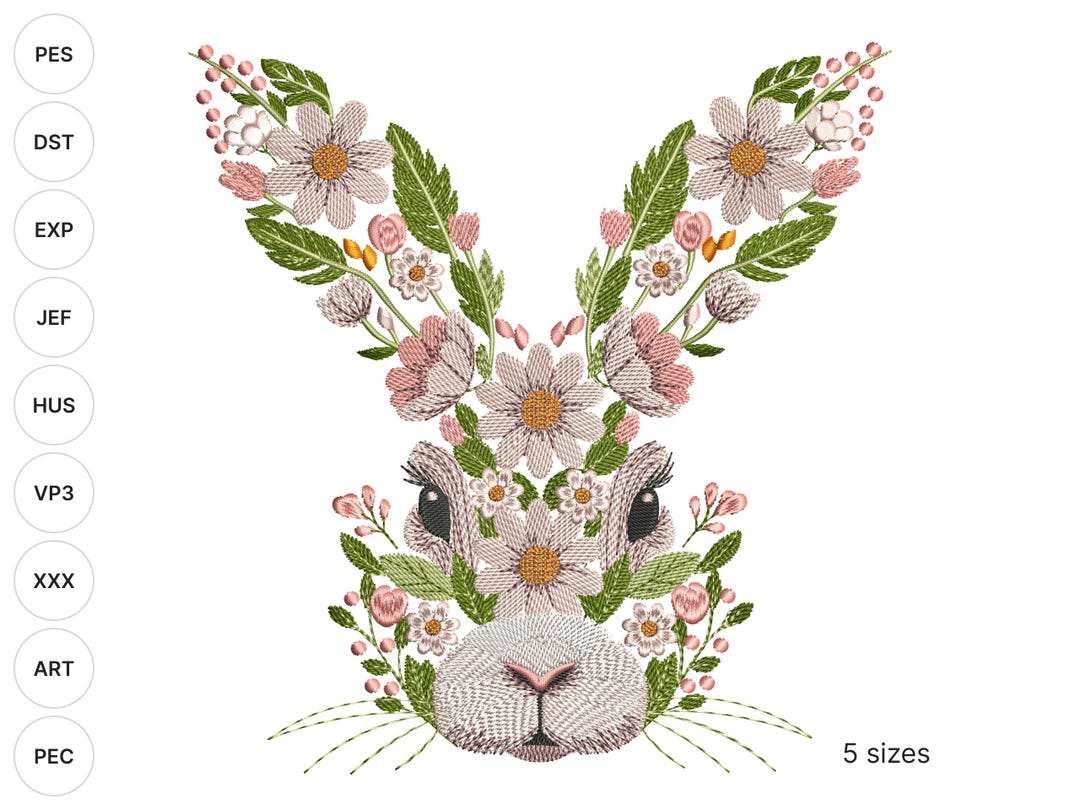Floral Bunny Machine Embroidery Design: Spring Rabbit (PES, DST, JEF ...