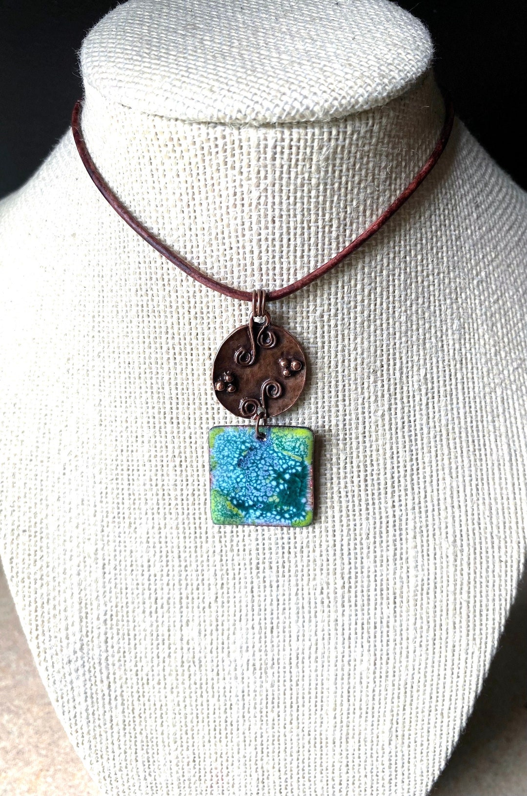 Pretty Copper Teal and Green Crackled Enameled Pendant/bronze Charm ...