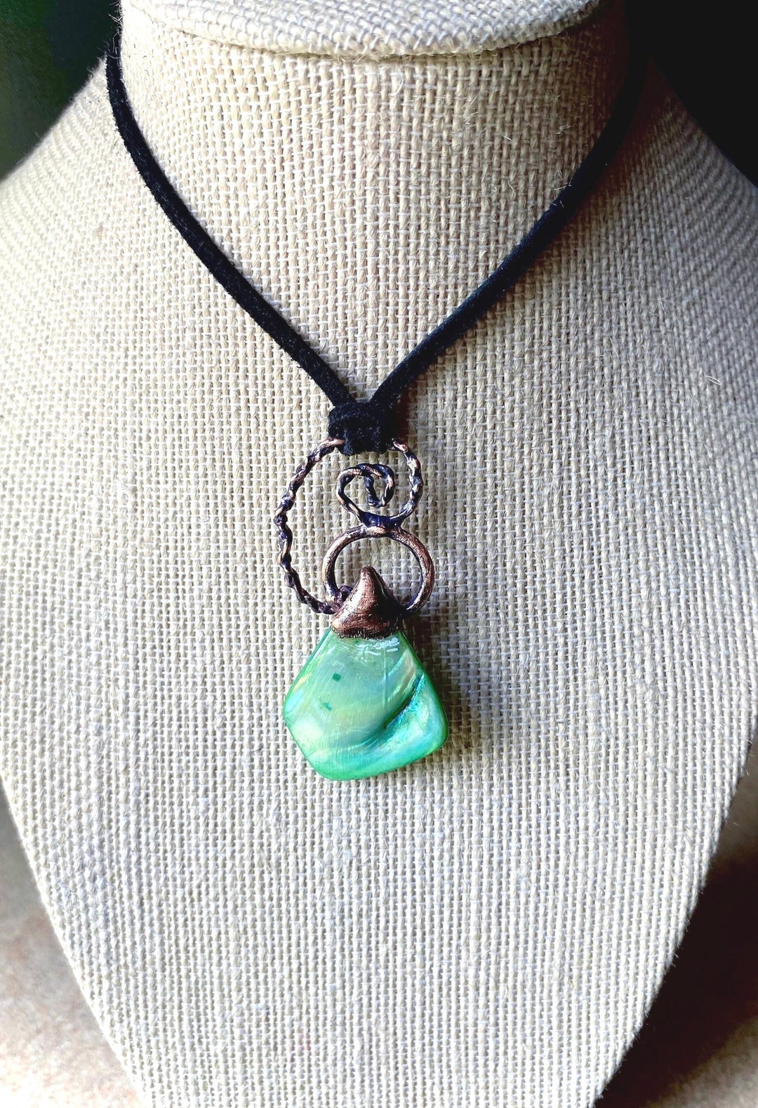 Green Shell and Copper Plated Pendant /handmade Copper Plated Bail ...