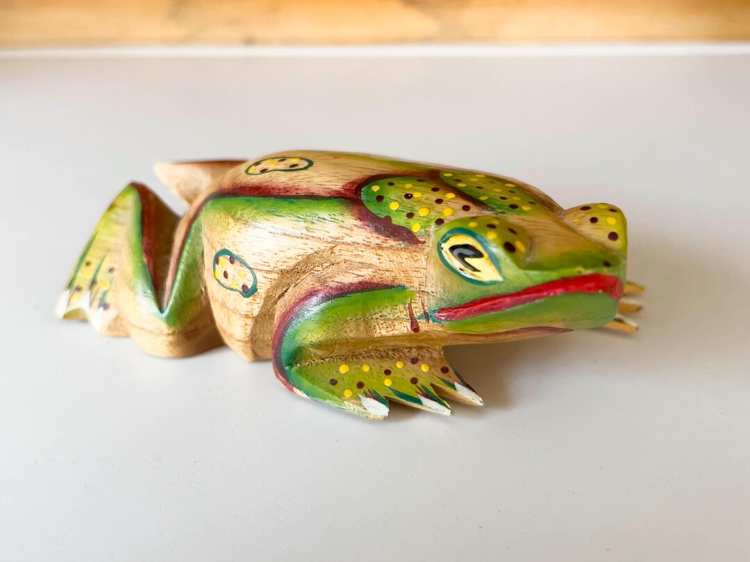 Vintage Hand-carved Wooden Frog Figurine With Colorful Hand-painted ...