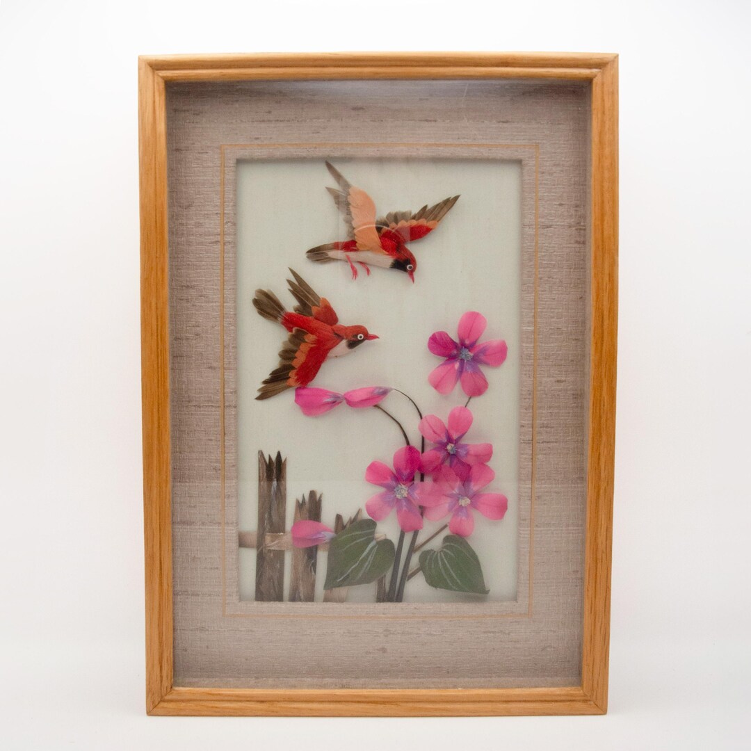 Vintage Songbird Feather Art Shadowbox – Birds and Flowers Real Feather ...