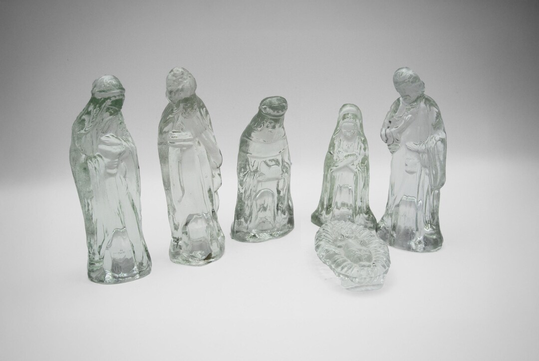 Vintage Glass Nativity Set - 6 Piece Clear Glass Holy Family Christmas ...