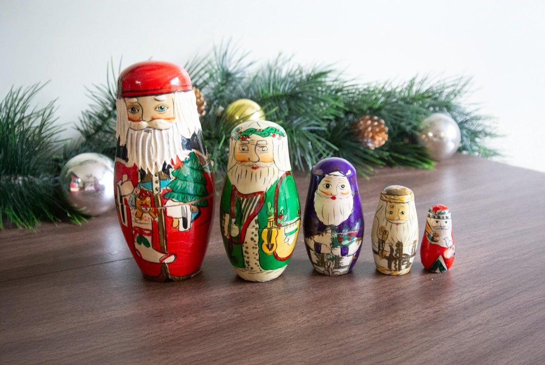 Vintage 5 Piece Santa Claus Wood Nesting Doll Set, Norm Thompson Santas ...