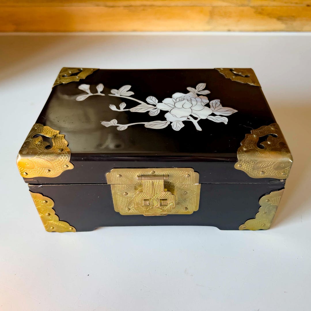 Vintage Black Lacquer Jewelry Box With Mother-of-pearl Inlay and Brass ...