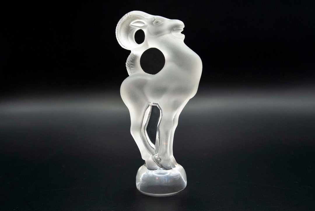 Signed Lalique Crystal Clear and Frosted Satin Bastia Ram Paperweight ...