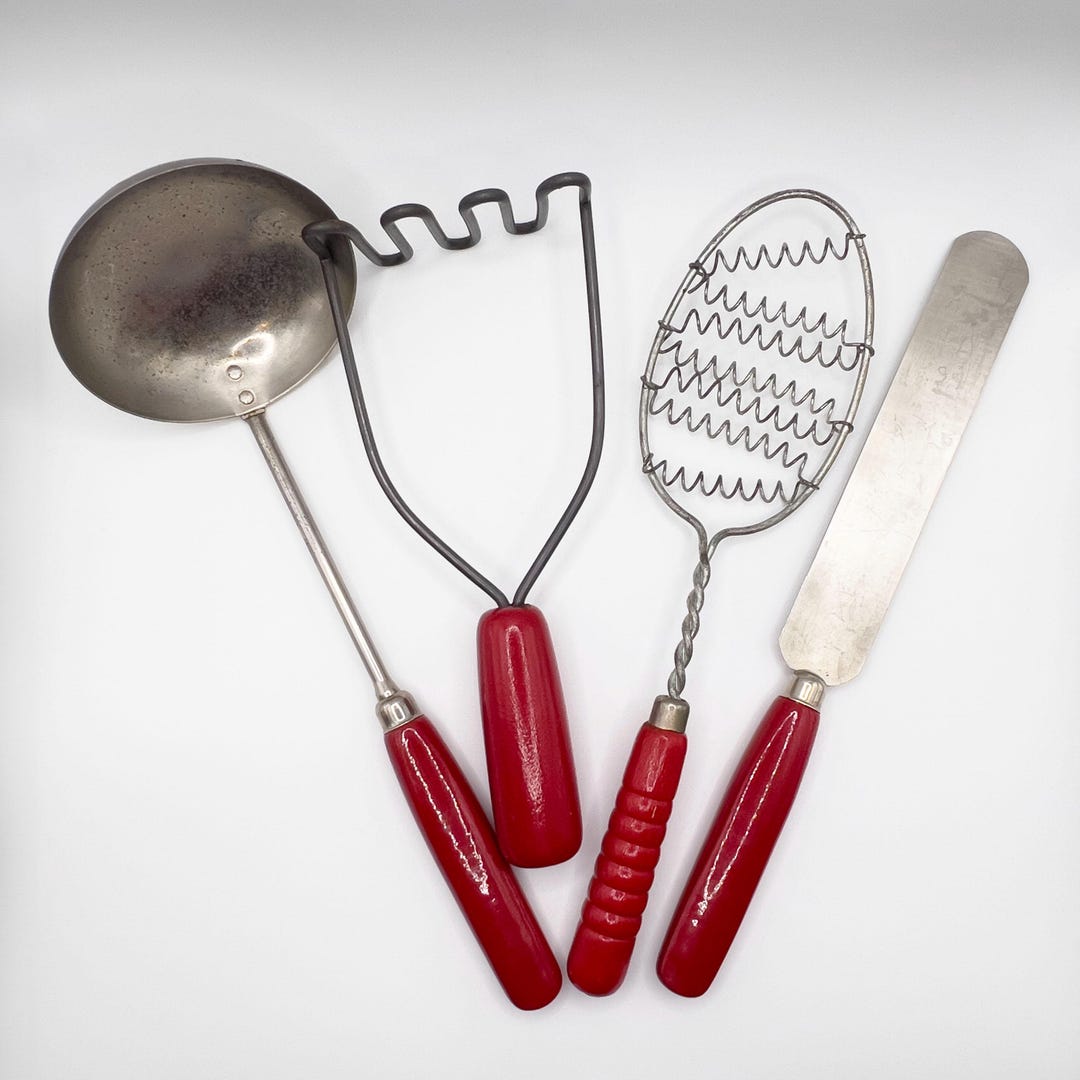 Lot of 4 Red Wooden Handle Kitchen Utensils – Mid-century Retro Kitchen ...