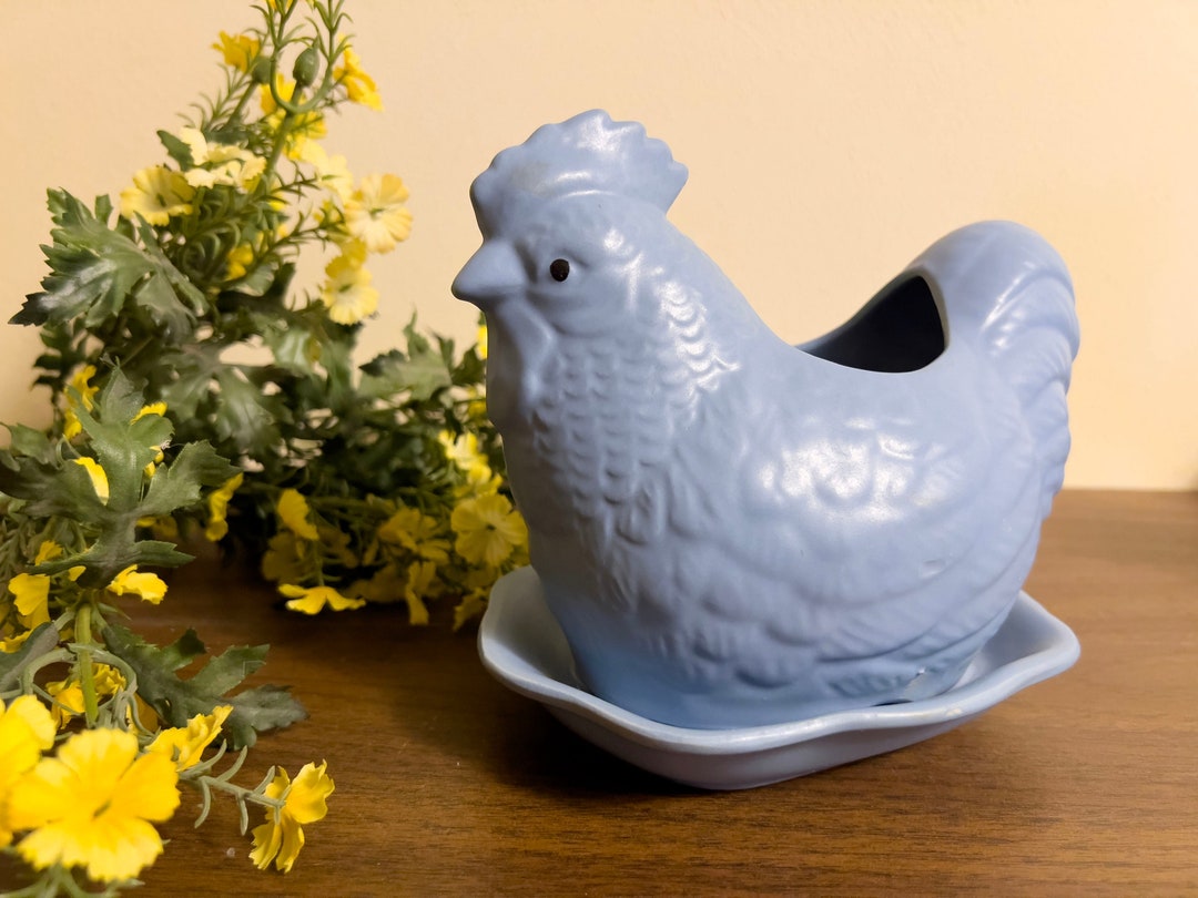 Beautiful Vintage Blue Chicken Planter, Rustic Farmhouse Chicken Decor ...