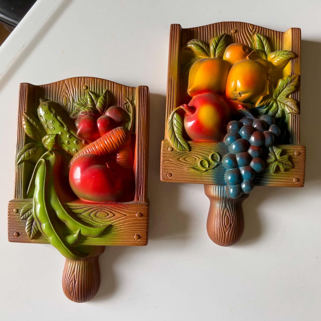 Vintage Fruit & Vegetable Chalkware Wall Plaques – Set of 2 Mid-century ...