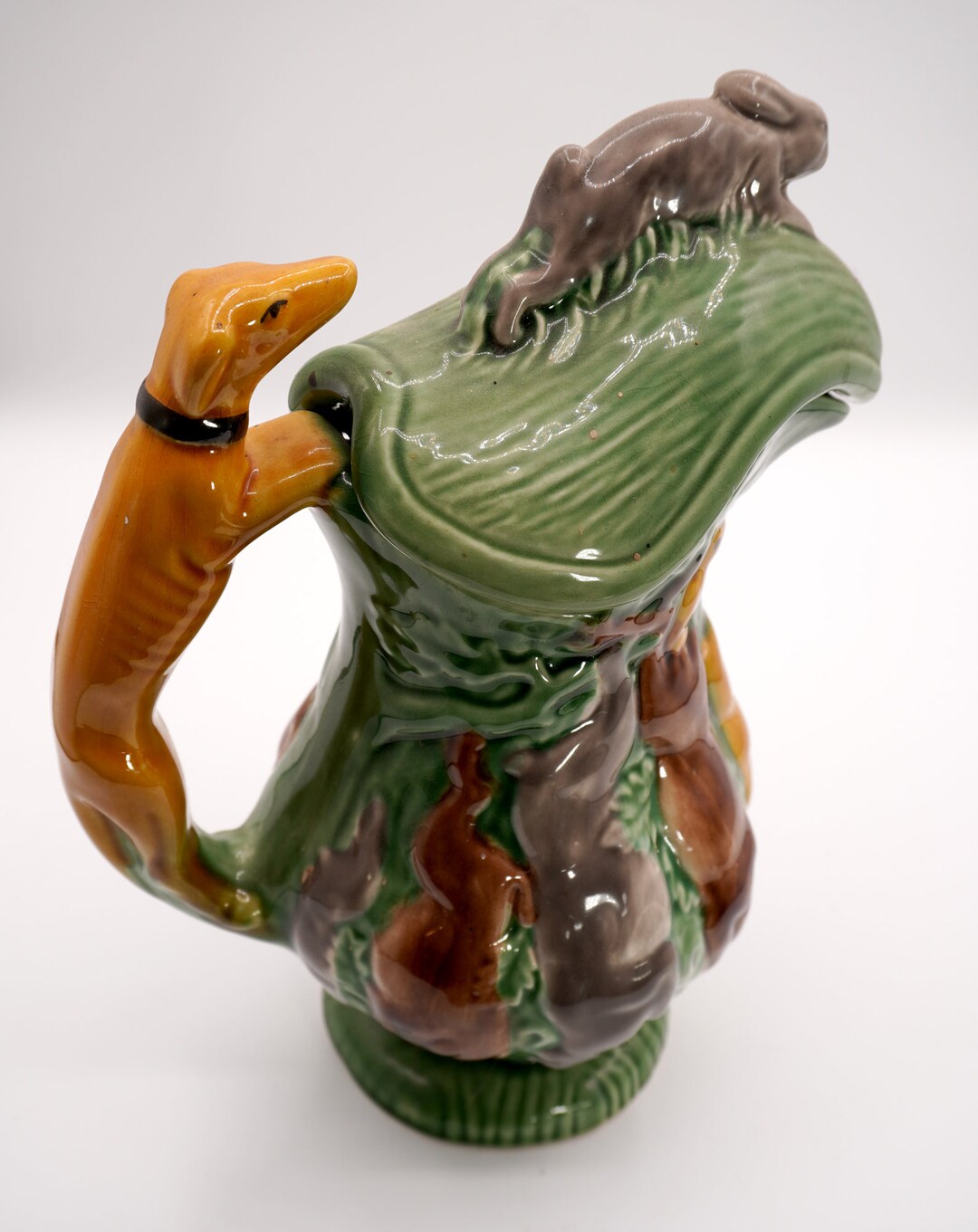 Vintage Majolica Style Pitcher With Hunting Dog Theme, Lidded Pitcher ...