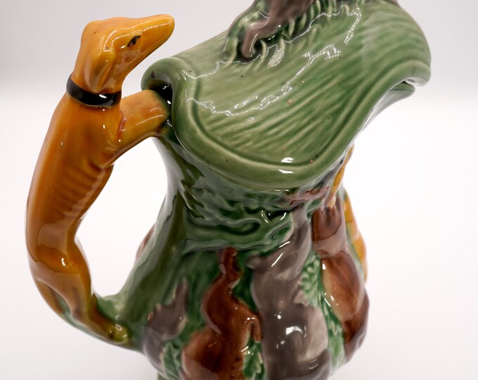 Vintage Majolica Style Pitcher With Hunting Dog Theme, Lidded Pitcher ...