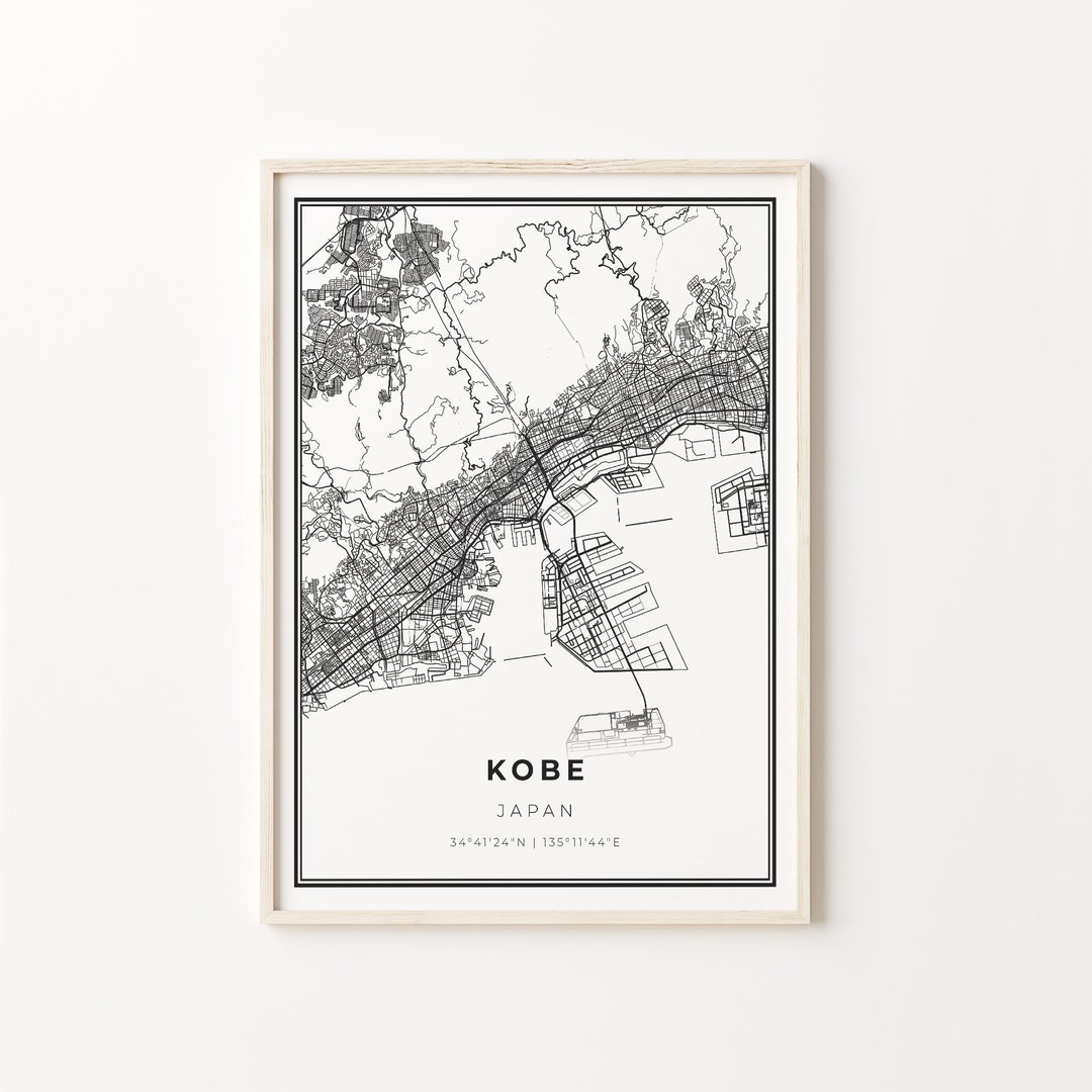 Kobe Print, City Map Art Poster, Japan, Wall Art Decor, Modern Black ...