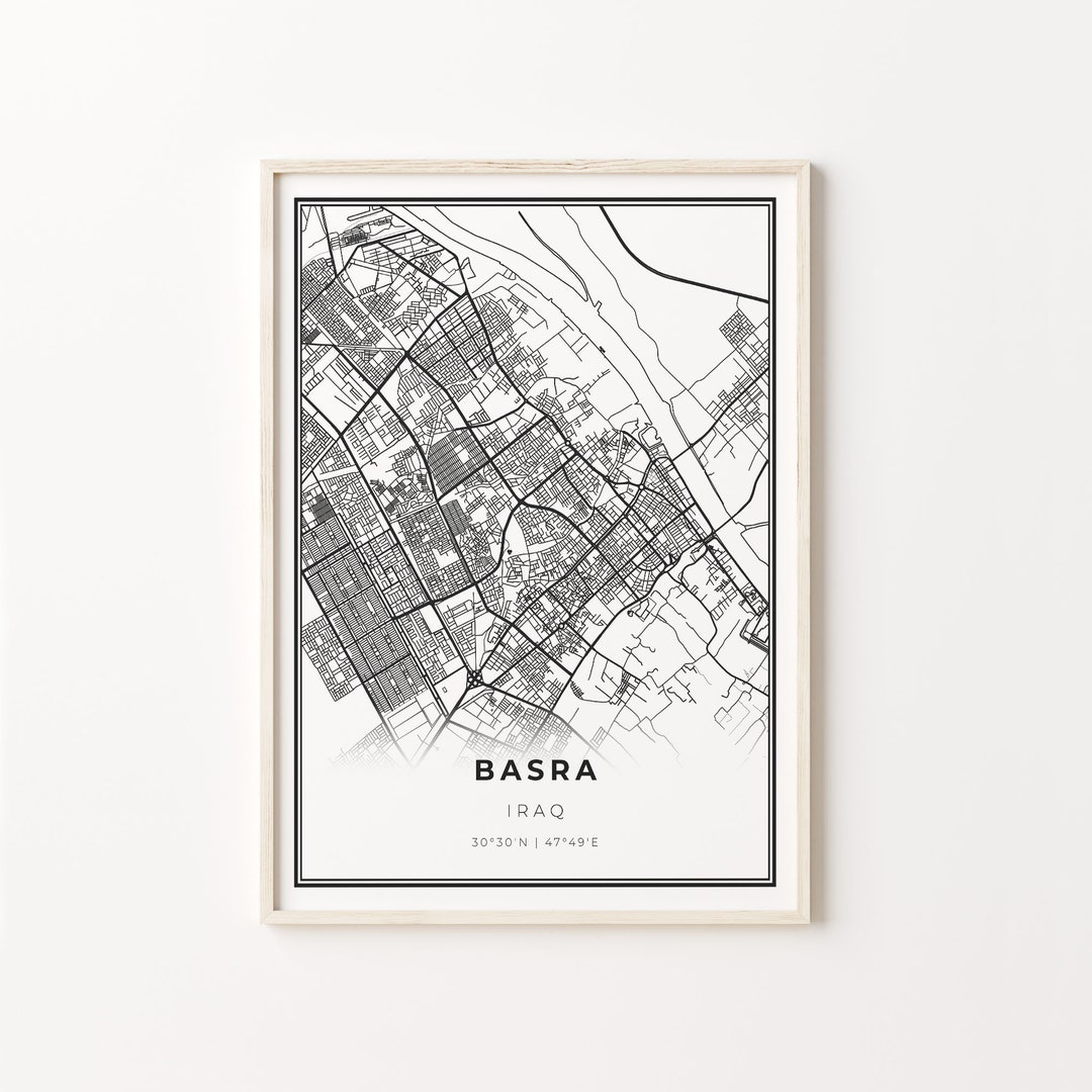 Basra City Map Print: Modern Black and White Wall Art - Etsy