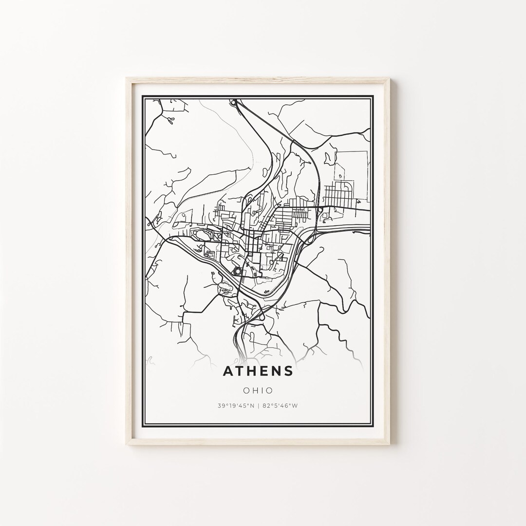 Athens Ohio Map Print: Modern Black and White City Art - Etsy
