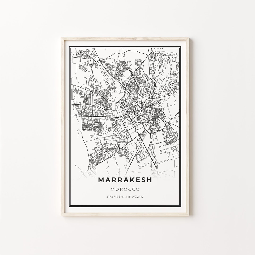 Marrakesh City Map Art Print: Modern Black and White Wall Decor - Etsy