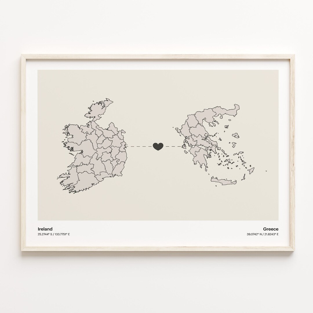 Ireland to Greece Map Print: Minimalist Country Connection Art - Etsy