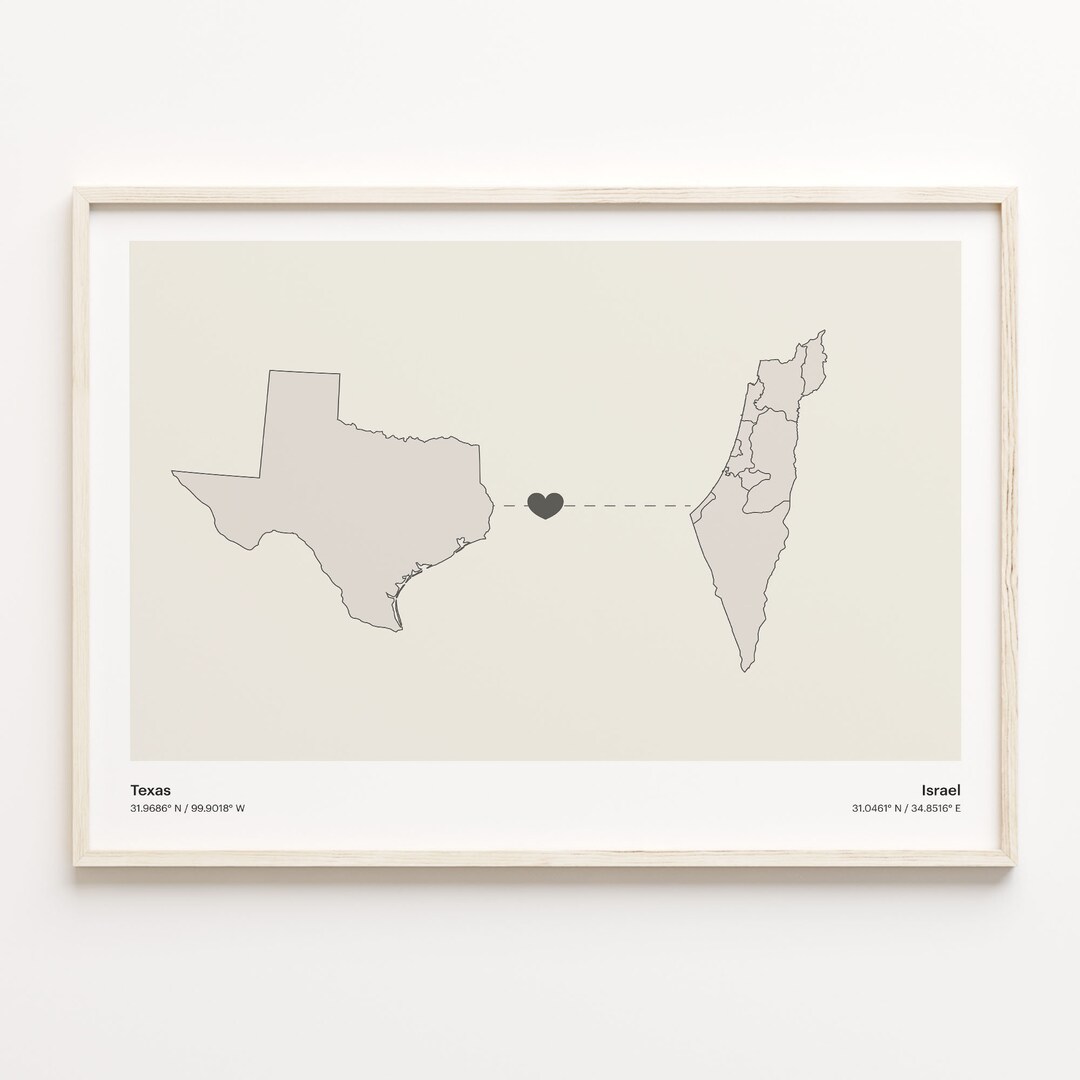 Texas to Israel Map Print: Minimalist Expat Travel Wall Art - Etsy