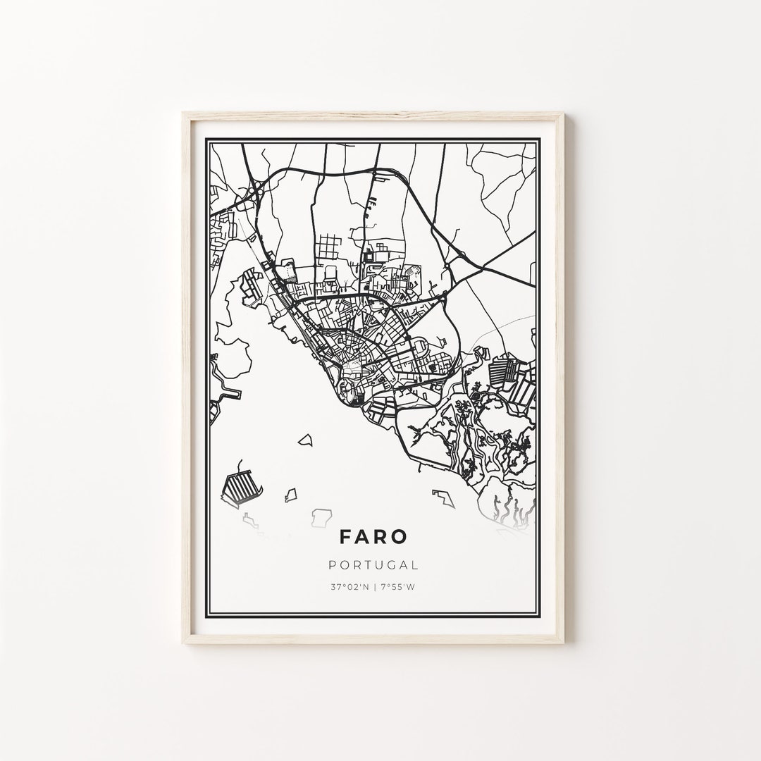 Faro Print, City Map Art Poster, Portugal, Wall Art Decor, Modern Black ...