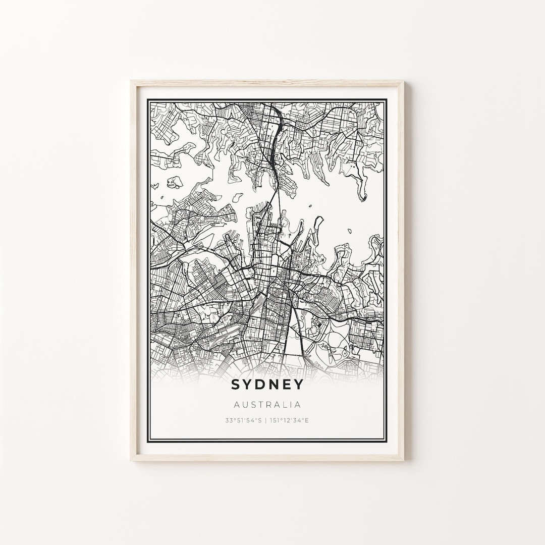 Sydney City Map Art Print: Modern Black and White Wall Decor - Etsy