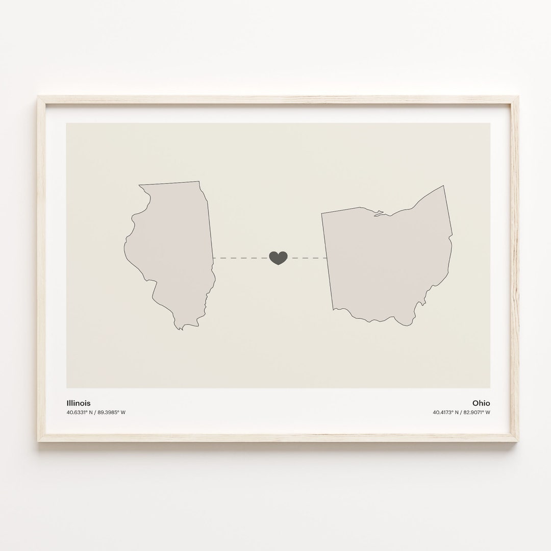 Illinois to Ohio Print, Ohioan Gift, Minimalistic State Connection Map ...