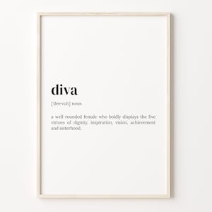 Diva Definition Print, Dictionary Poster, Quote Wall Art, Gift for ...