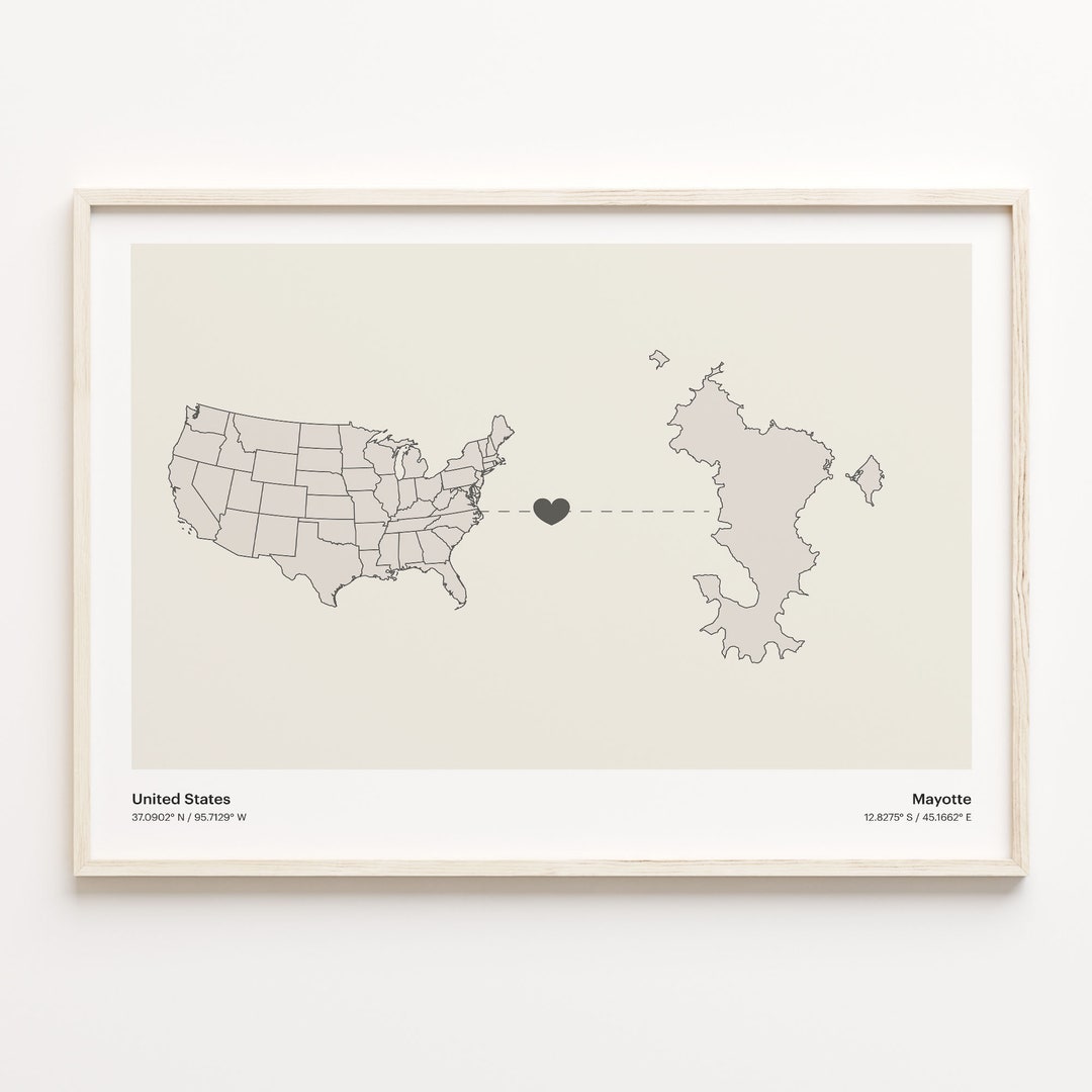 United States to Mayotte Print, Mahoran Gift, Minimalistic Country ...
