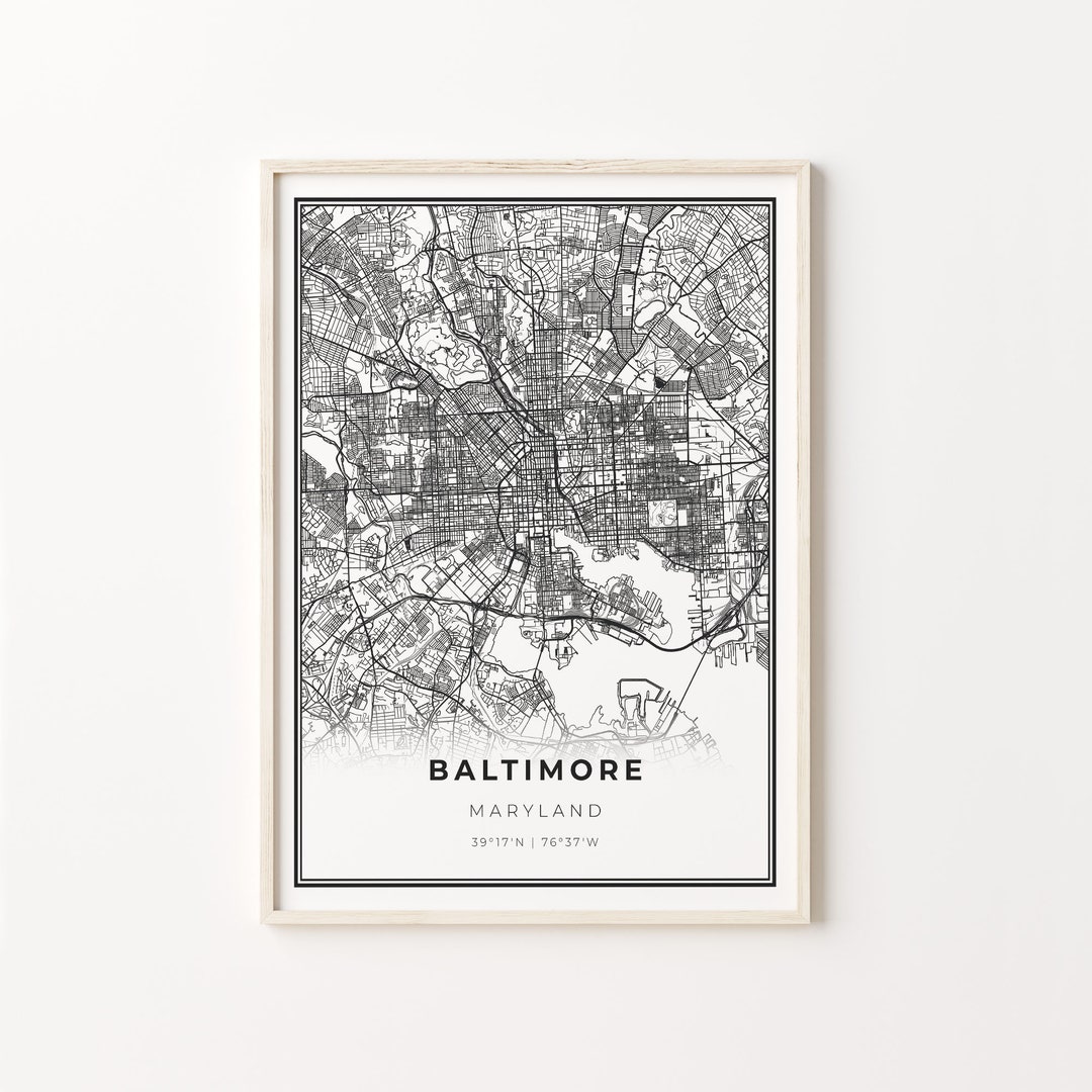Baltimore City Map Art Print: Modern Black and White Maryland Wall ...