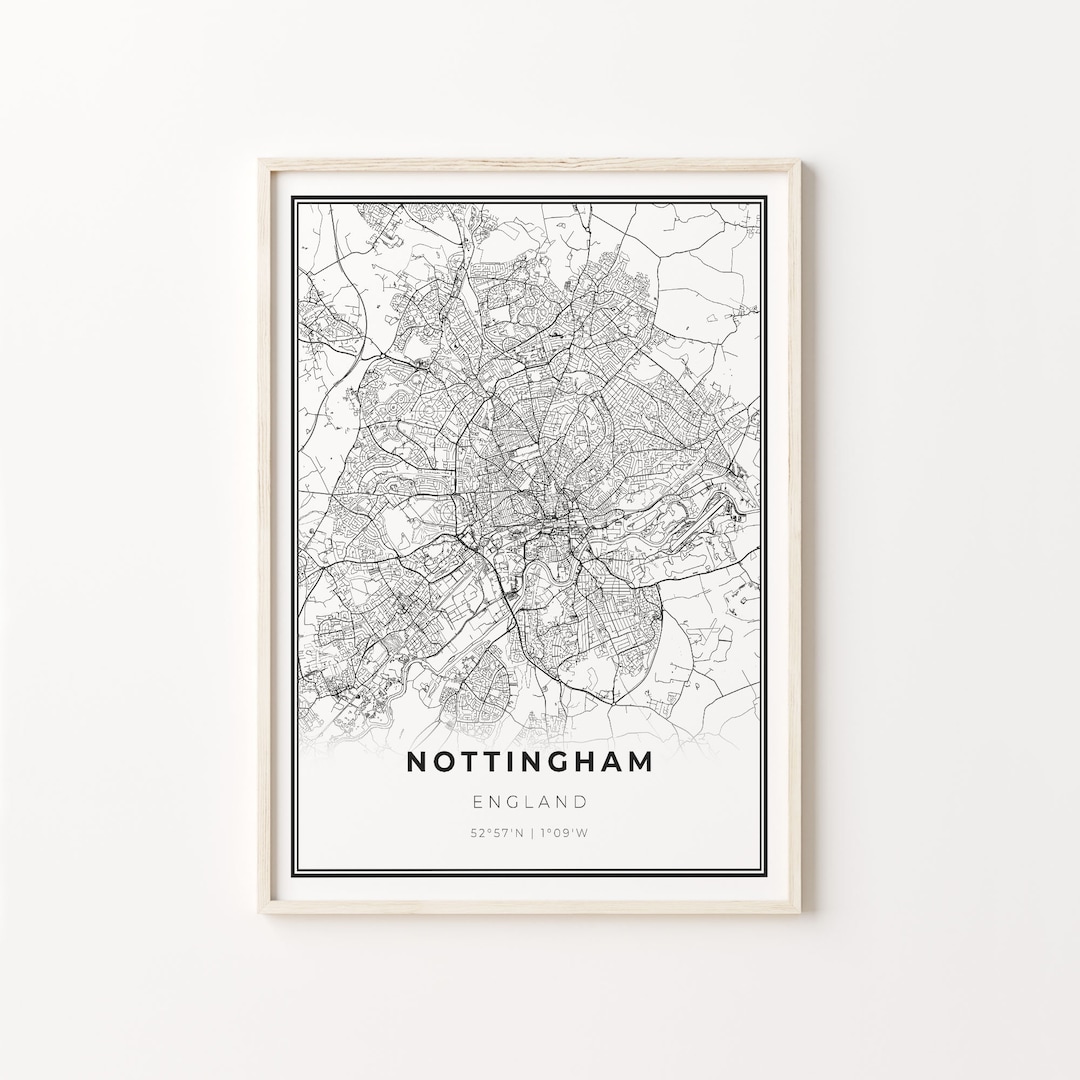 Nottingham England Map Print: Modern Black and White Wall Art - Etsy UK