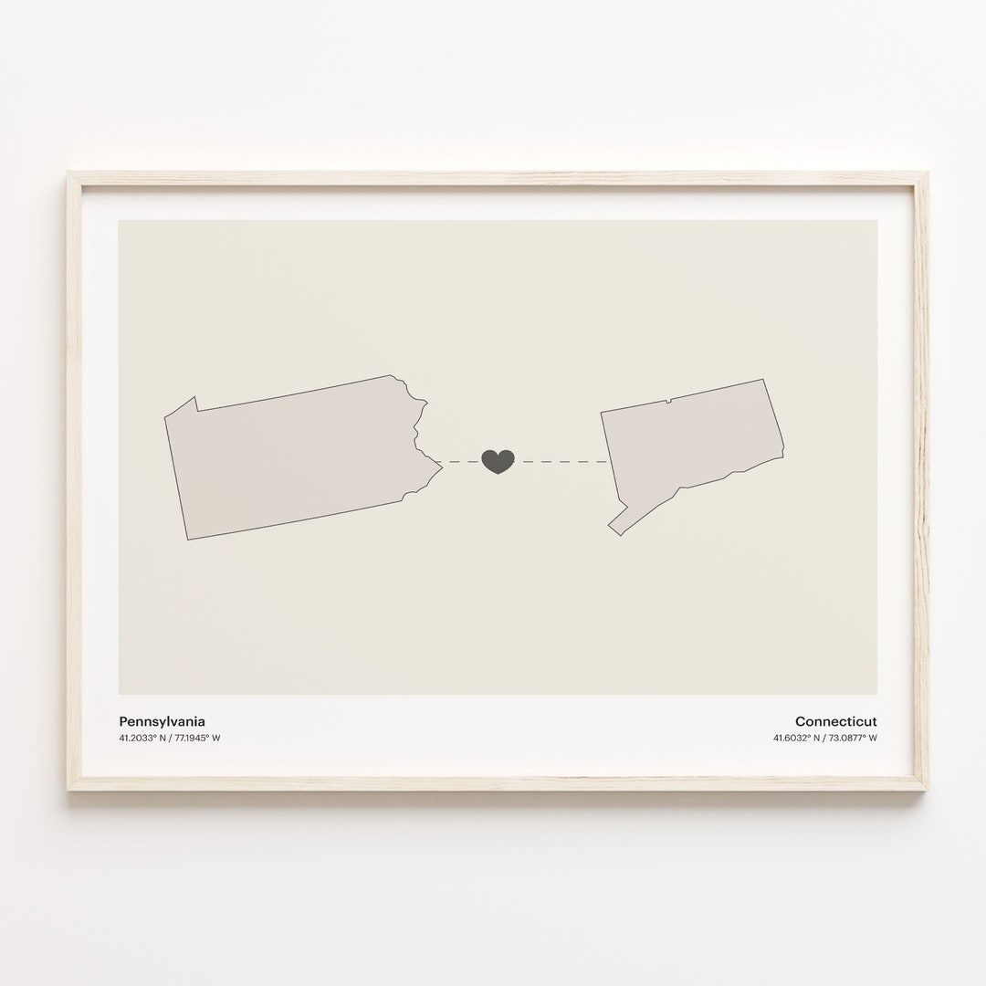 Pennsylvania to Connecticut Print, Connecticuter Gift, Minimalistic ...