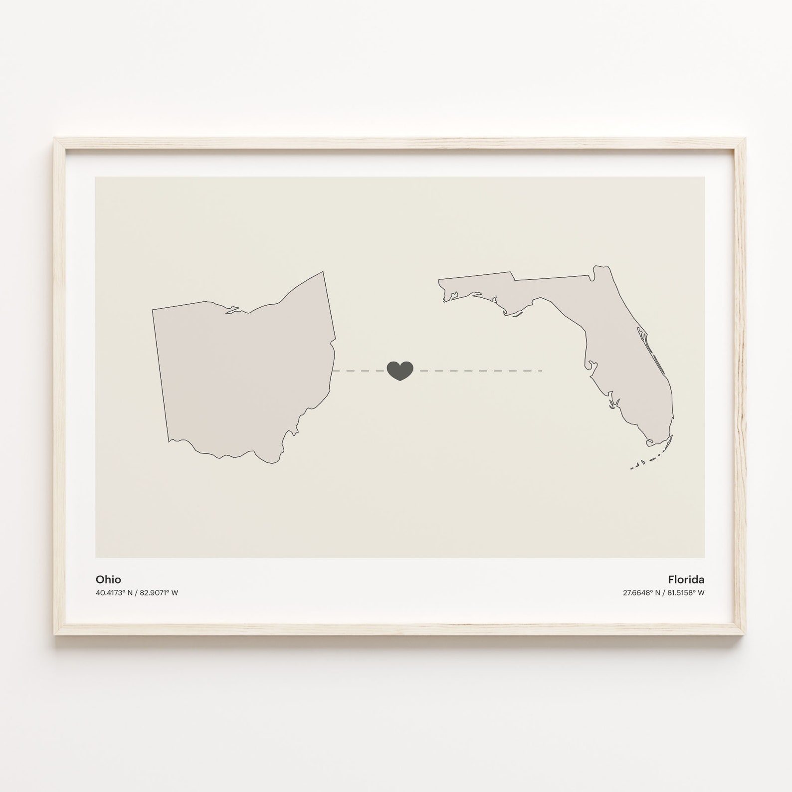 Ohio to Florida State Connection Map Print: Minimalist Faraway Love Art ...