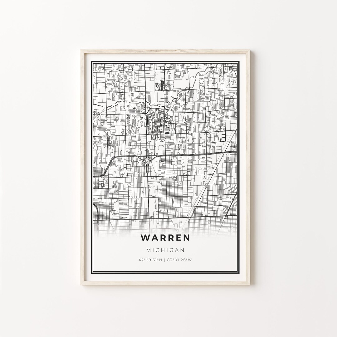 Warren Michigan Map Print: Modern Black and White City Art - Etsy