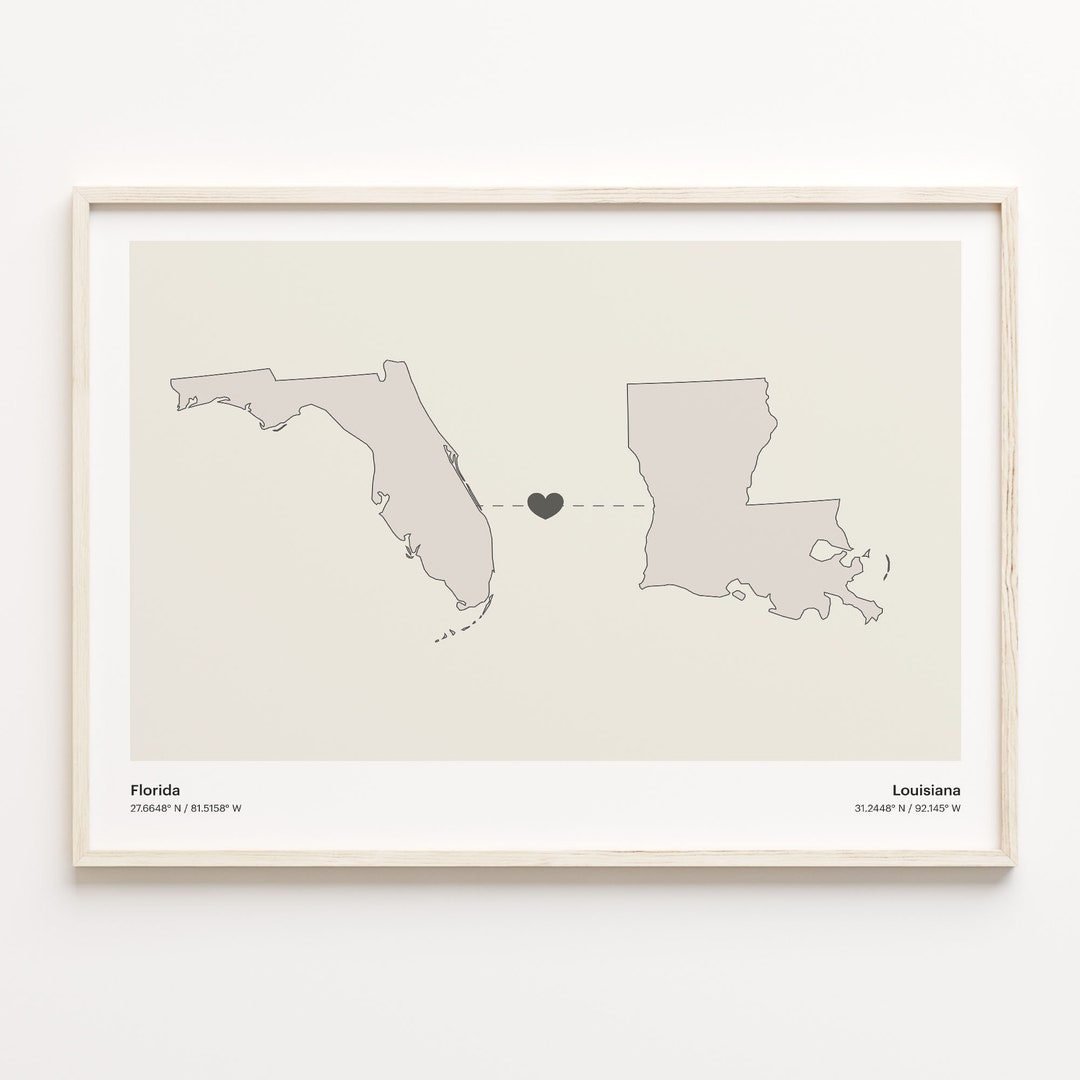 Florida Louisiana State Connection Map Print: Minimalist Travel Wall ...