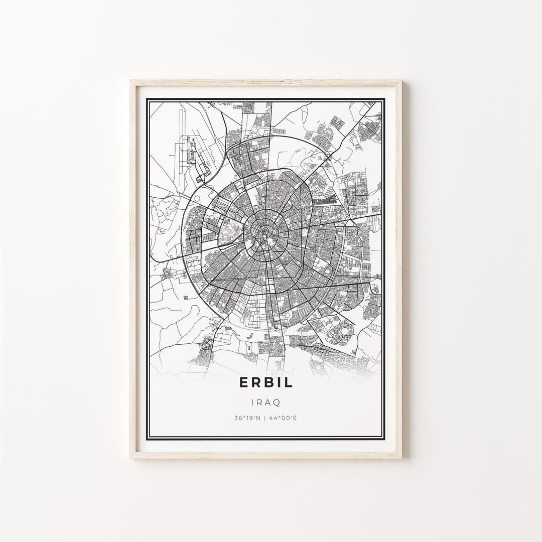 Erbil Print, City Map Art Poster, Iraq, Wall Art Decor, Modern Black ...