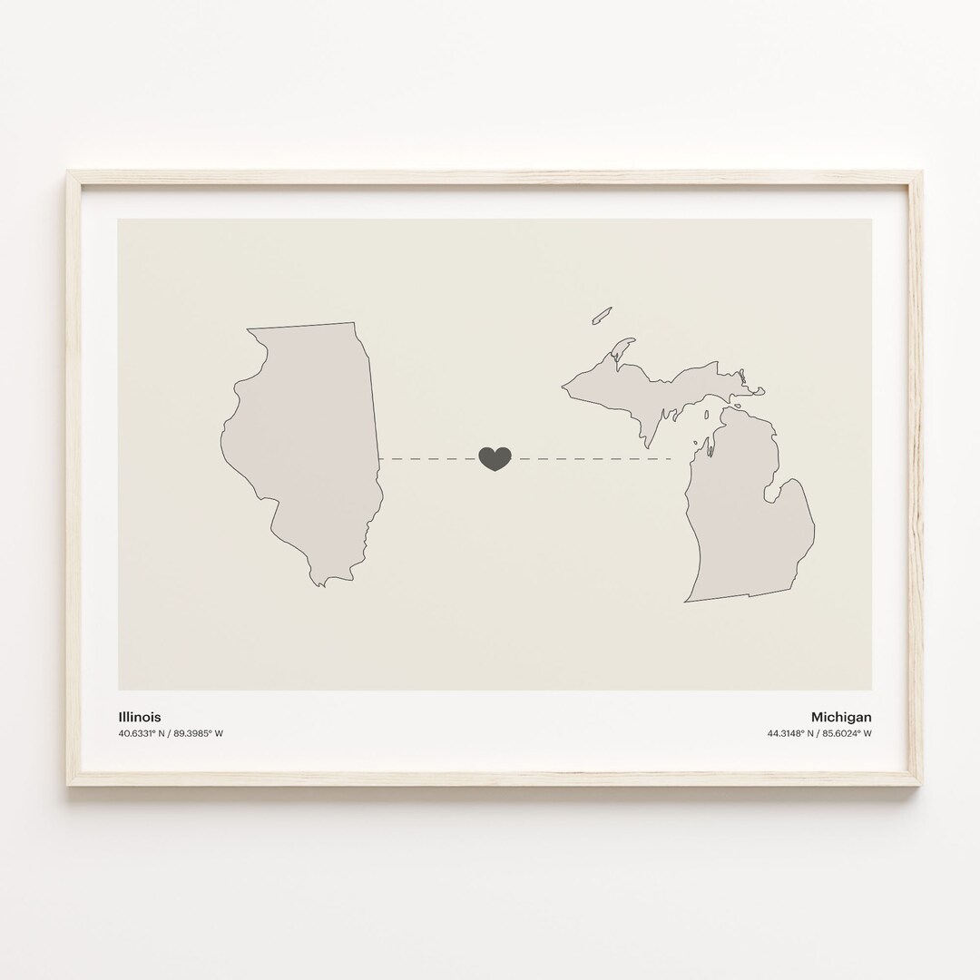 Illinois Michigan State Connection Map Print: Minimalist Travel Art ...