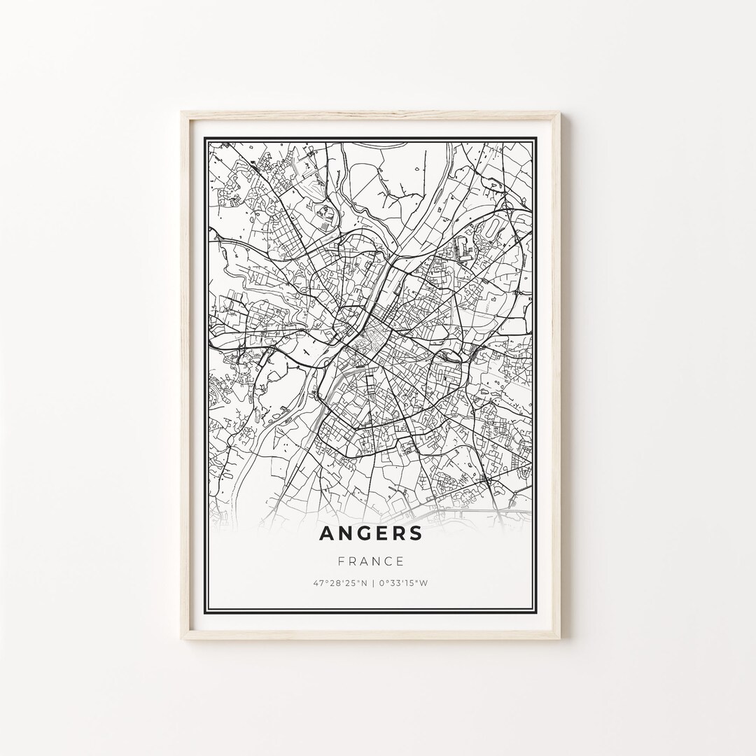 Angers Print, City Map Art Poster, France, Wall Art Decor, Modern Black ...