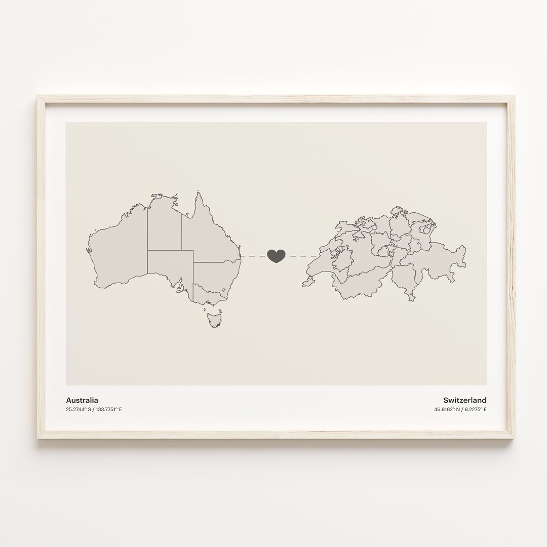 Australia Switzerland Connection Map Print: Minimalist Travel Wall Art ...