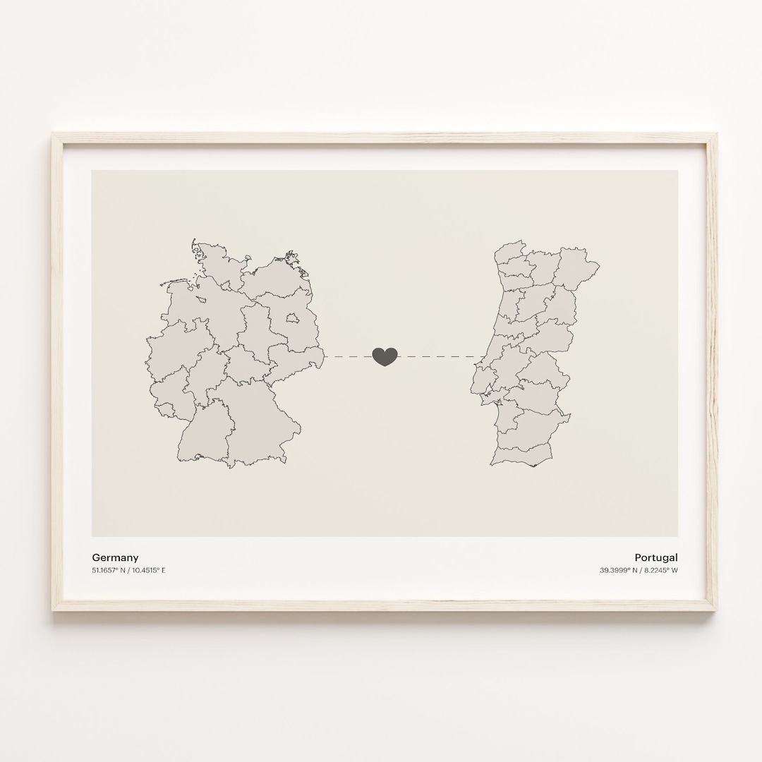 Germany to Portugal Print, Polish Gift, Minimalistic Country Connection ...