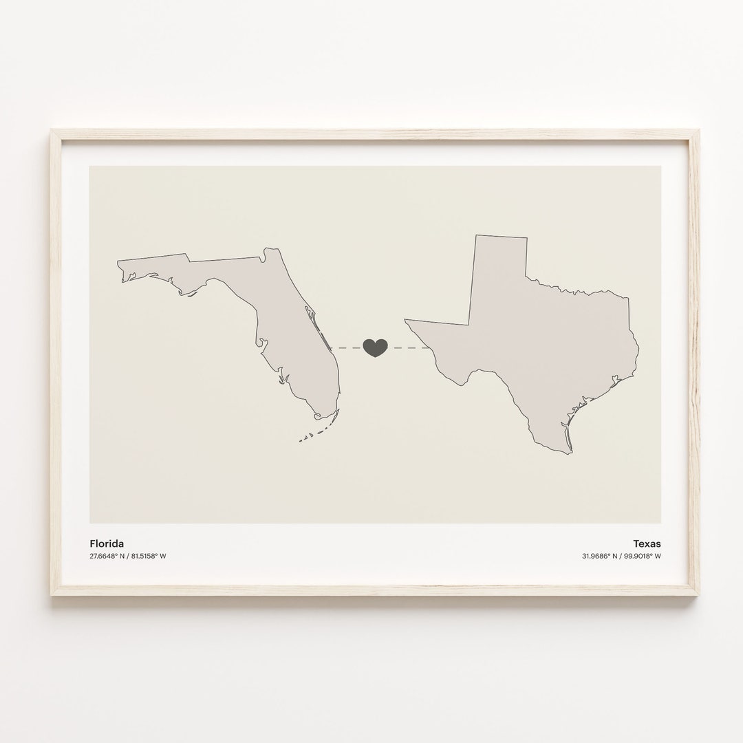 Florida to Texas Print, Texan Gift, Minimalistic State Connection Map ...