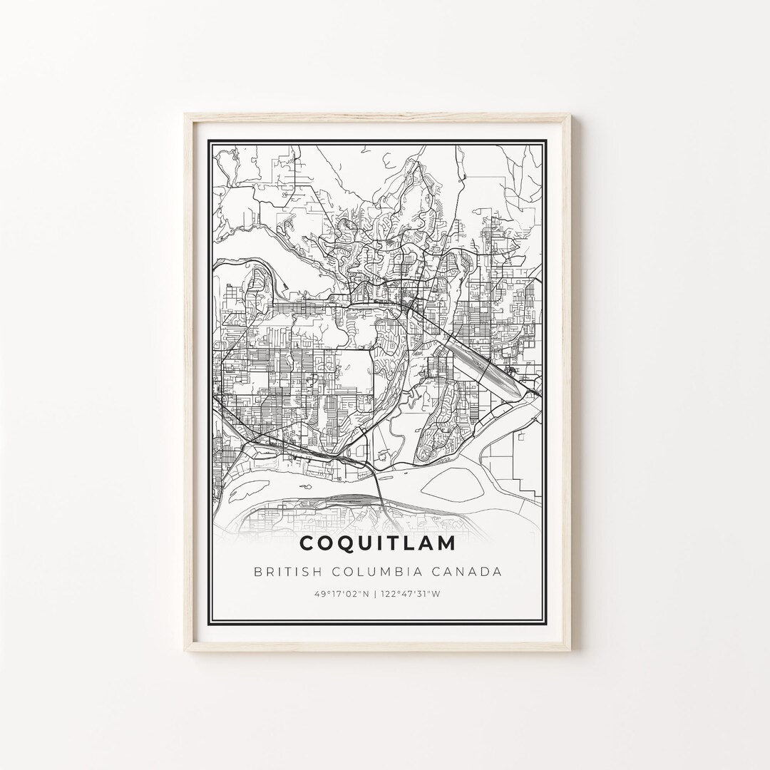 Coquitlam Map Print: Modern Black and White City Art - Etsy