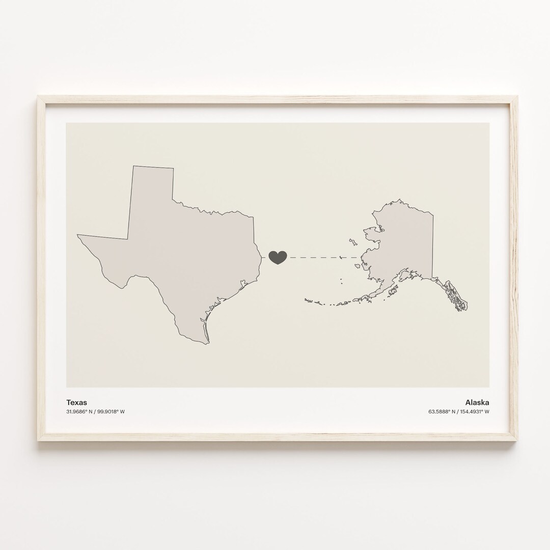 Texas to Alaska Print, Alaskan Gift, Minimalistic State Connection Map ...