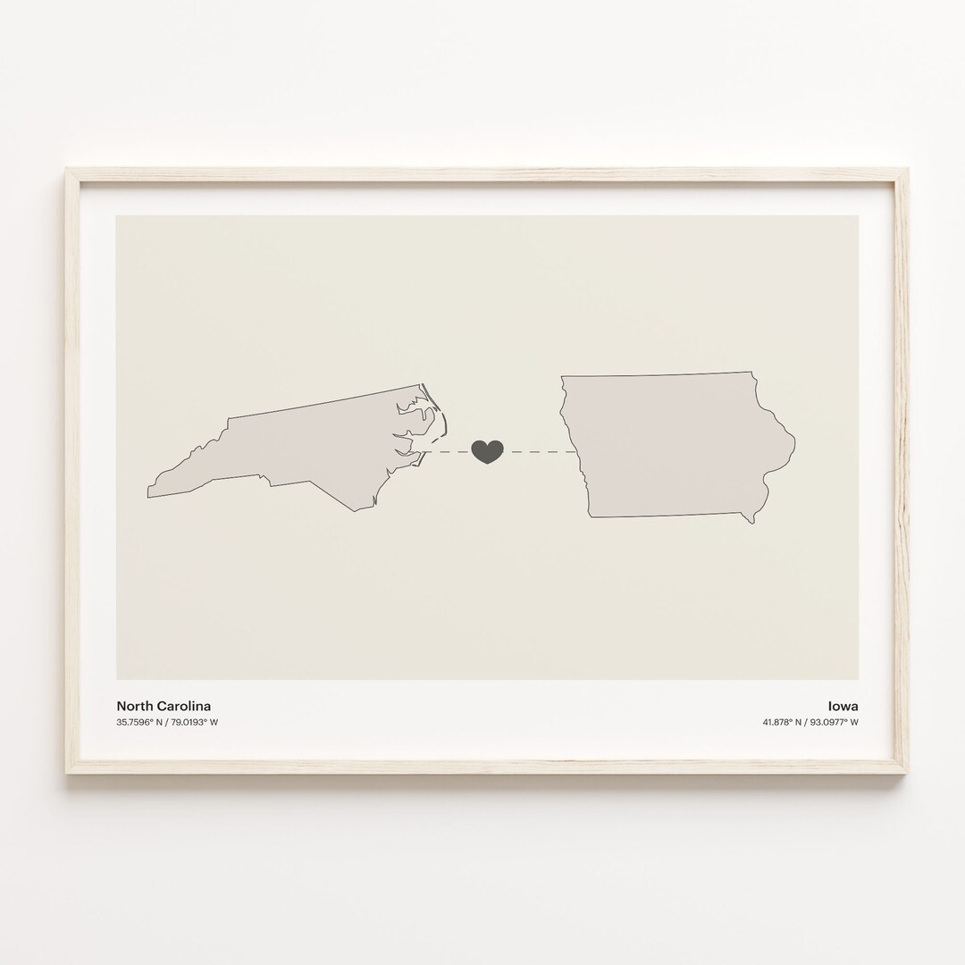 North Carolina Iowa State Connection Map Print: Minimalist Travel Wall ...
