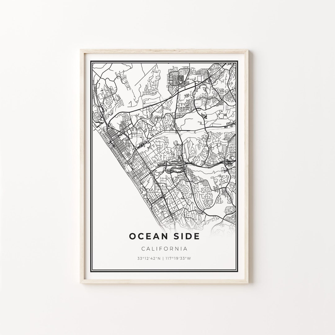 Ocean Side California Map Art Print: Modern Black and White Wall Decor ...