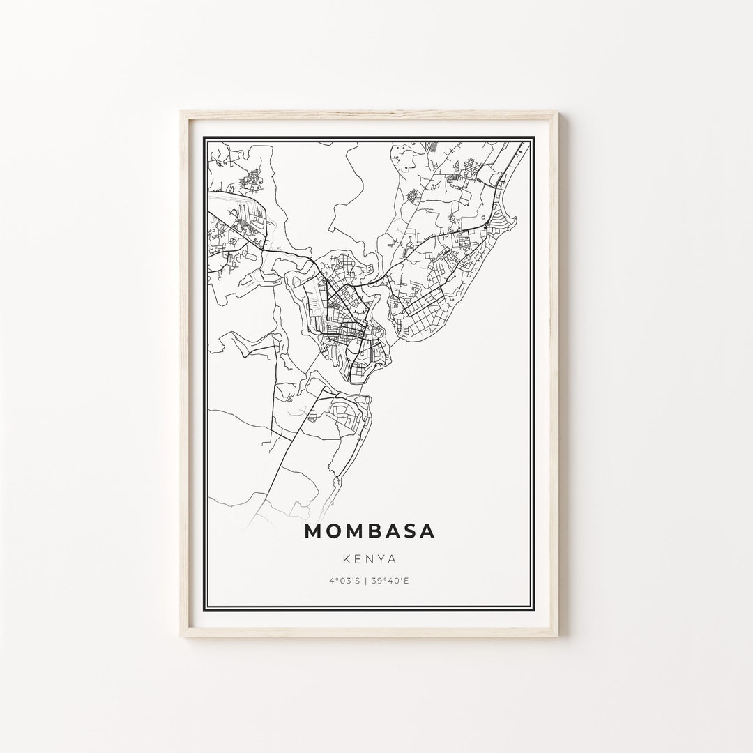 Mombasa Print, City Map Art Poster, Kenya, Wall Art Decor, Modern Black ...
