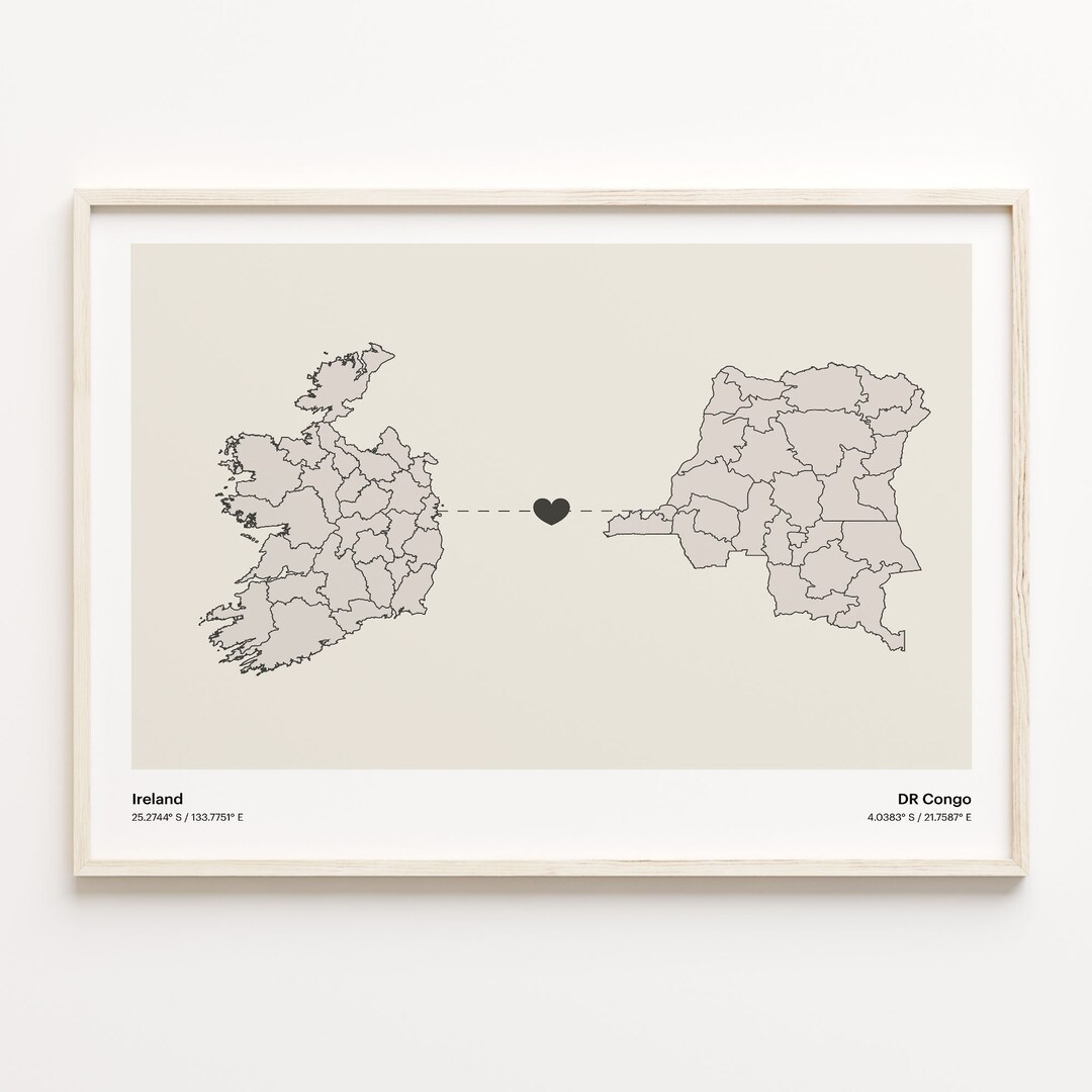 Ireland to DR Congo Print, Congolese Gift, Minimalistic Country ...