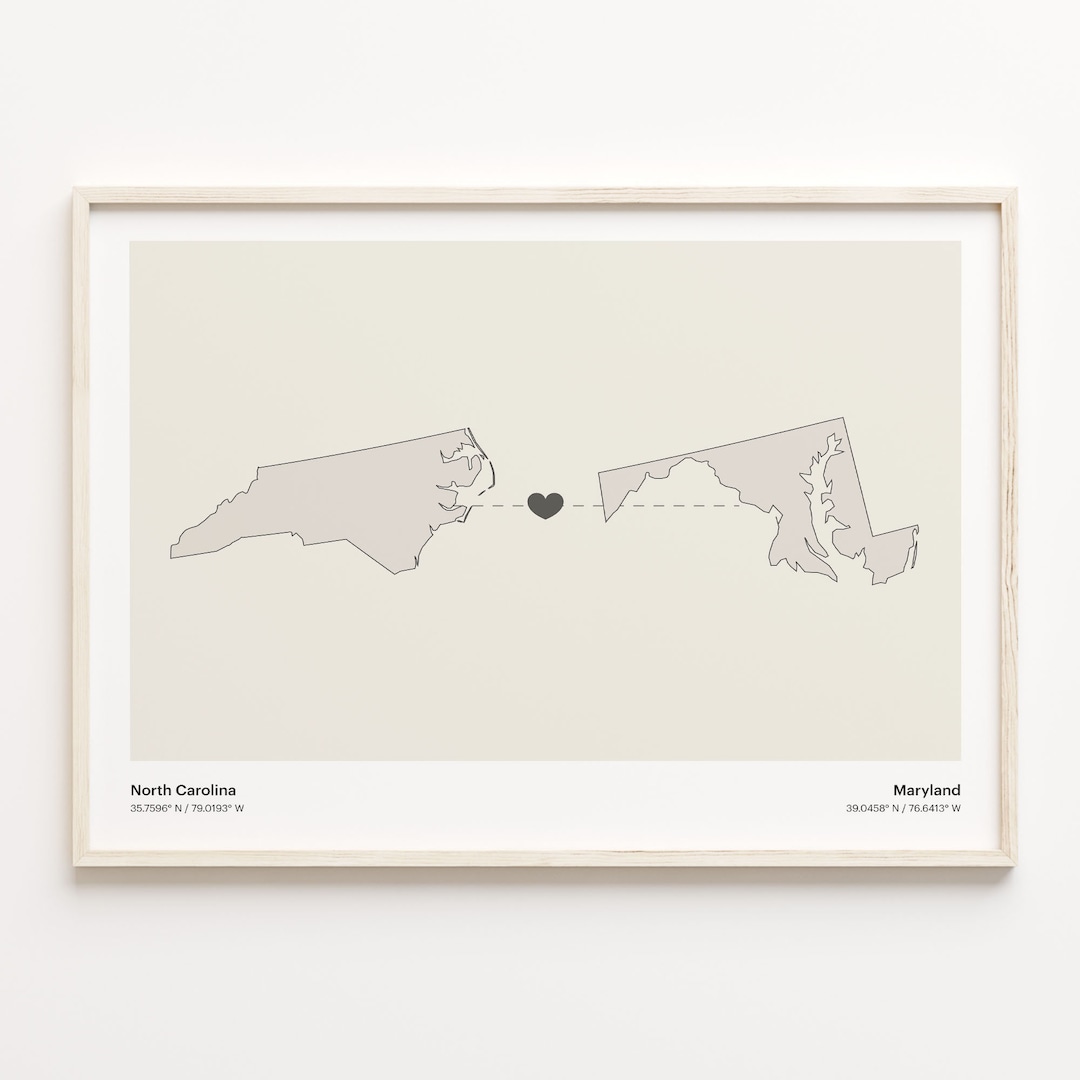 North Carolina to Maryland Print, Marylander Gift, Minimalistic State ...