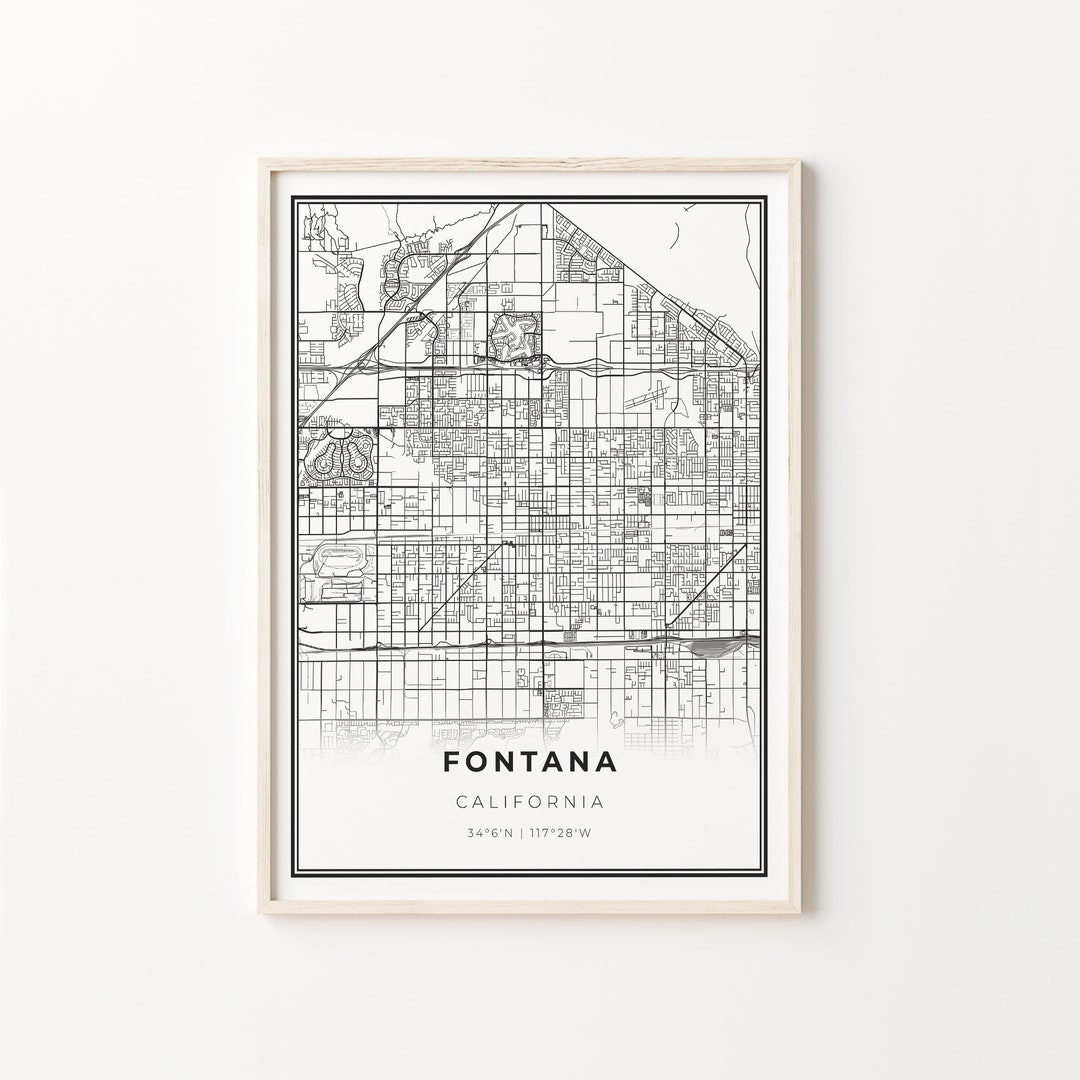 Fontana California Map Print: Modern Black and White Wall Art - Etsy