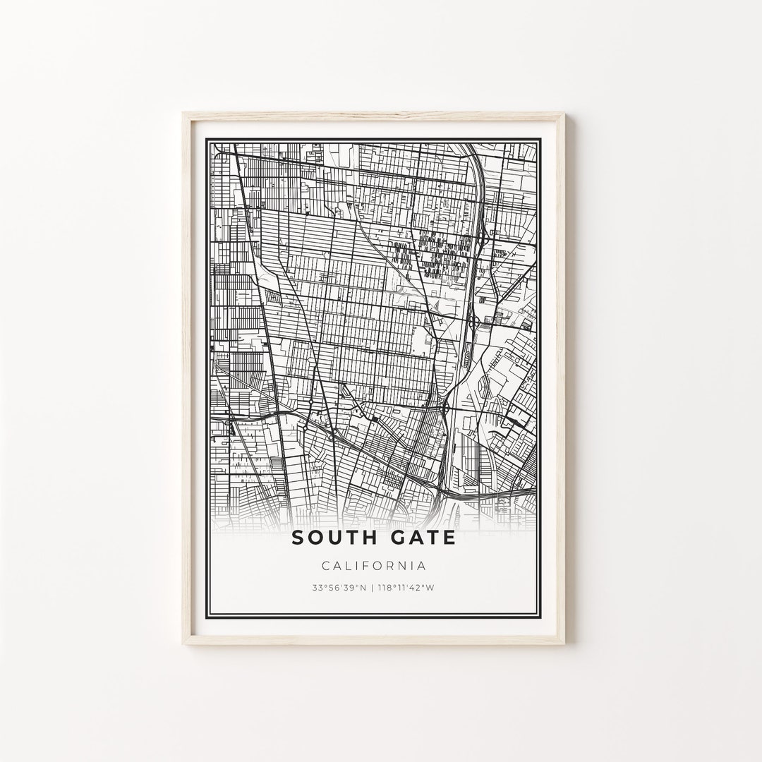 South Gate California Map Art Print: Modern Black and White Wall Decor ...